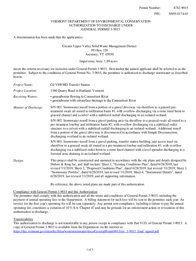 Fillable Online dec.vermont.govsitesdecPermit Number 7074-9014.A ...