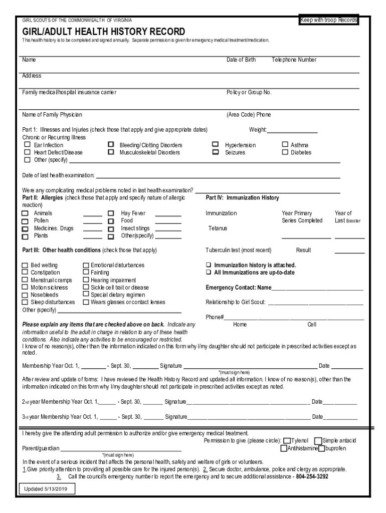 Fillable Online Girl/Adult Health History Form. Girl/Adult Health ...