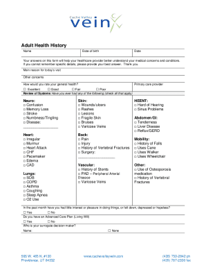 Fillable Online ADULT HEALTH HISTORY FORM Fax Email Print - pdfFiller