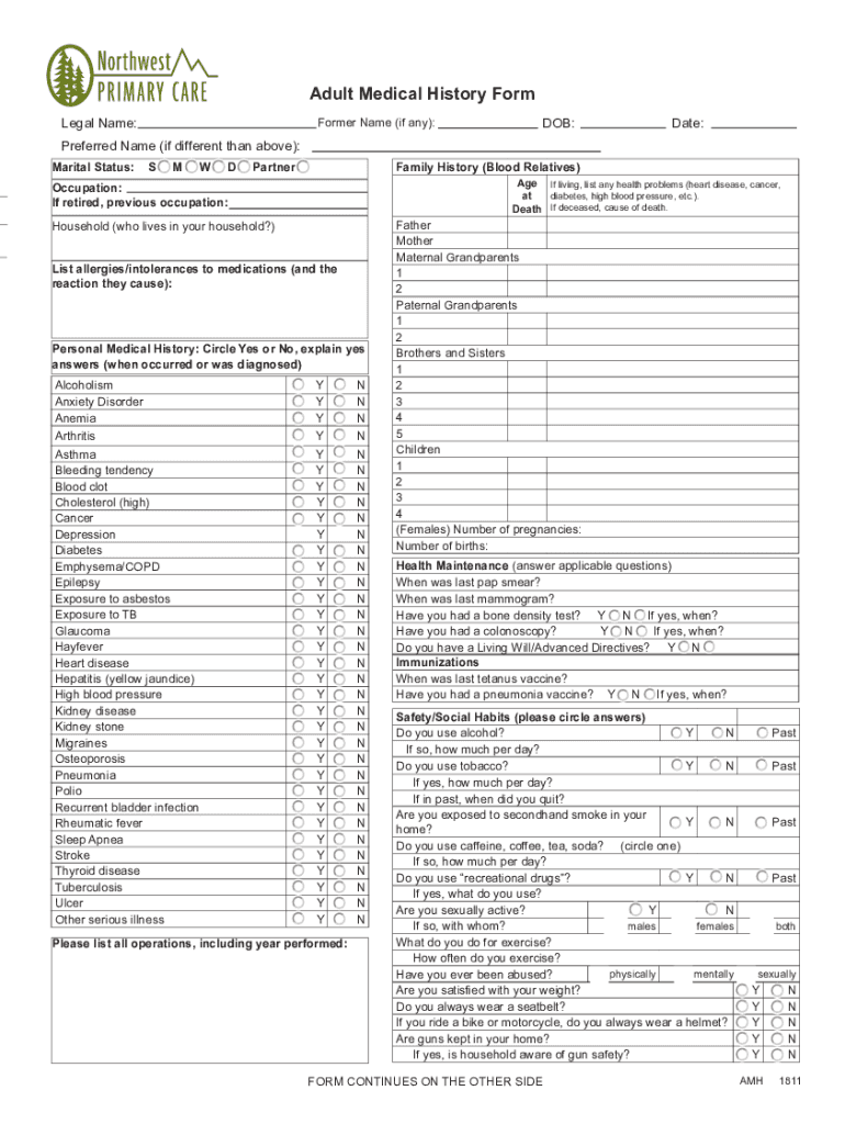 Fillable Online Adult Medical History Form - nwpc.com Fax Email Print ...