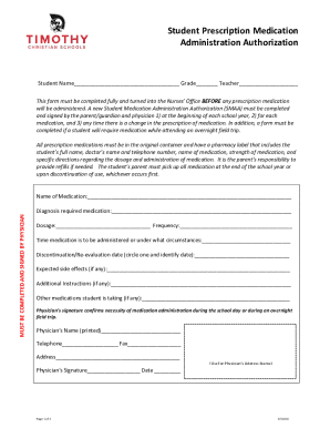 Fillable Online SCHOOL MEDICATION ADMINISTRATION AUTHORIZATION FORM Fax ...