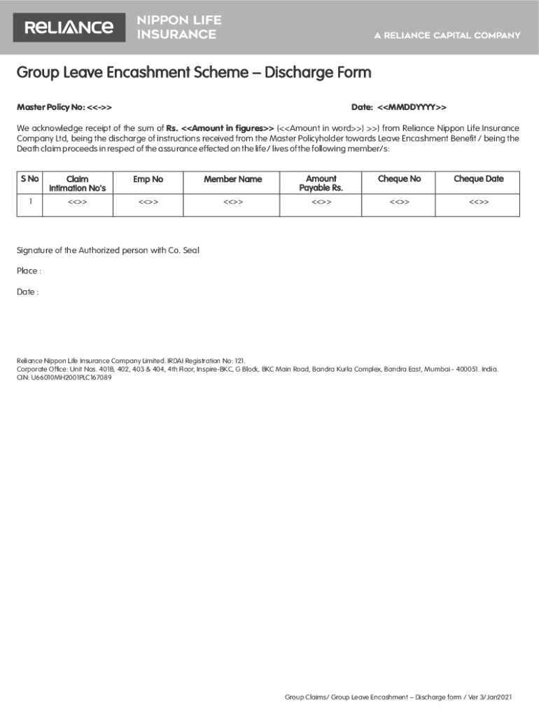 Fillable Online www.reliancenipponlife.compdfclaimsGroup Leave ...