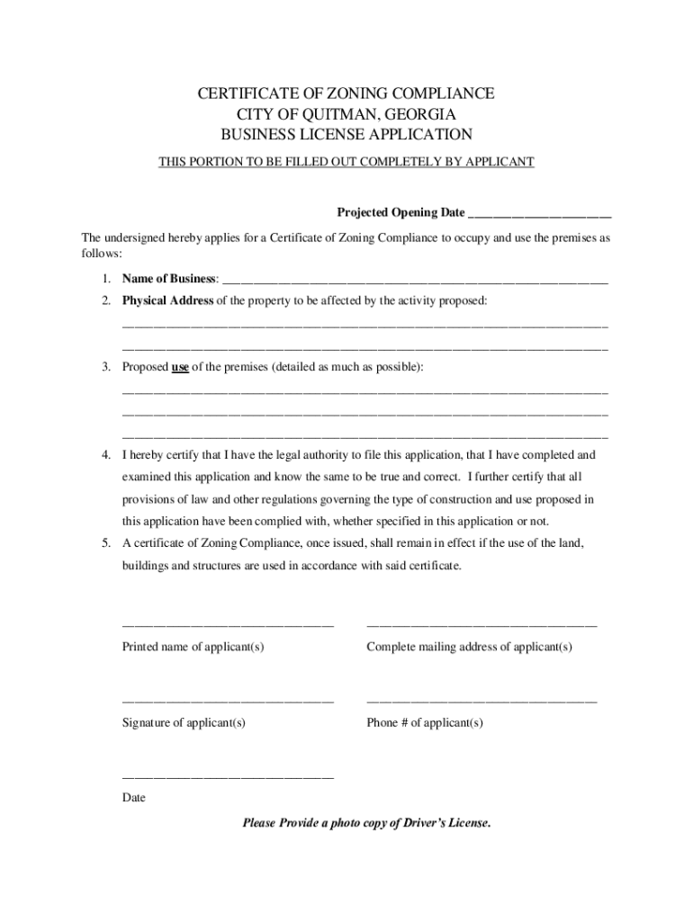 Fillable Online CERTIFICATE OF ZONING COMPLIANCE CITY OF QUITMAN ...