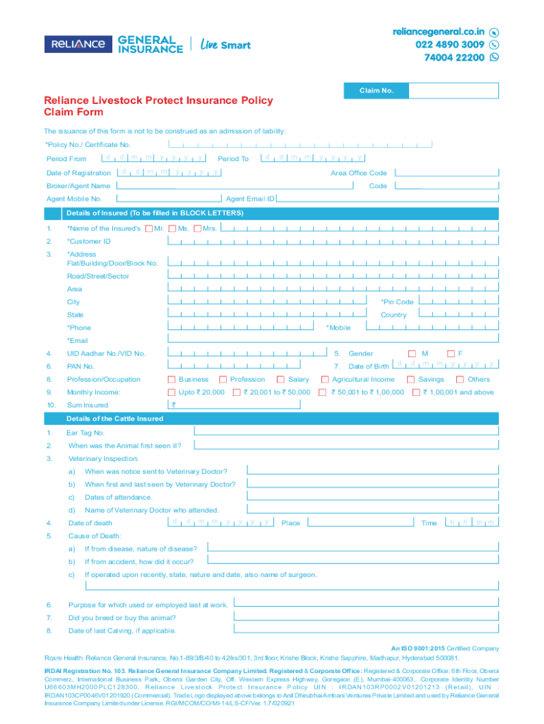 Fillable Online Reliance Livestock Protect Insurance Policy Claim Form ...