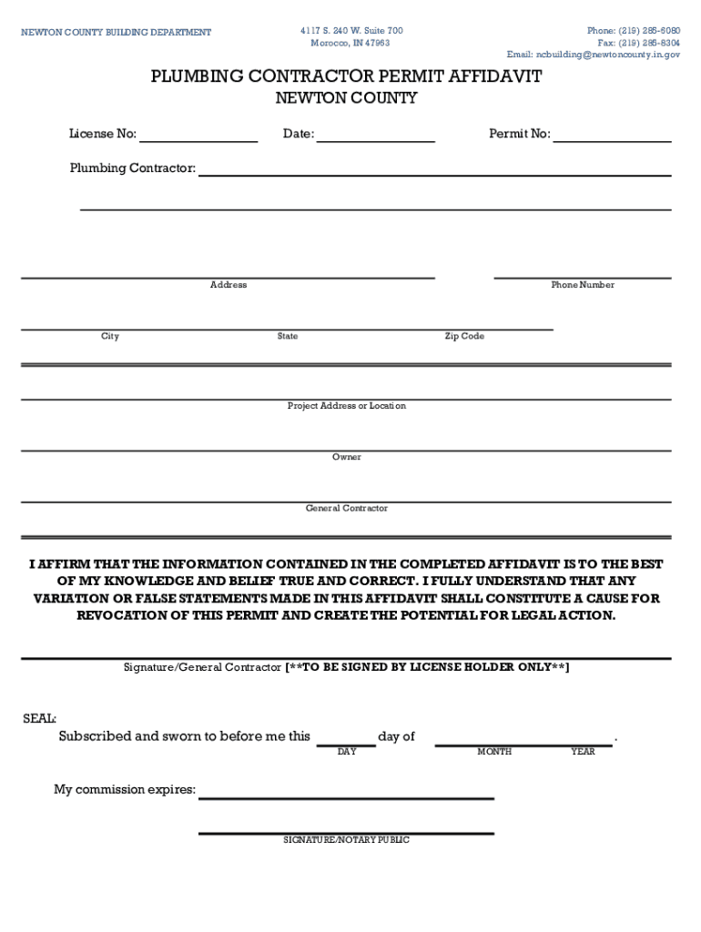 Fillable Online PLUMBING CONTRACTOR PERMIT AFFIDAVIT Fax Email Print ...