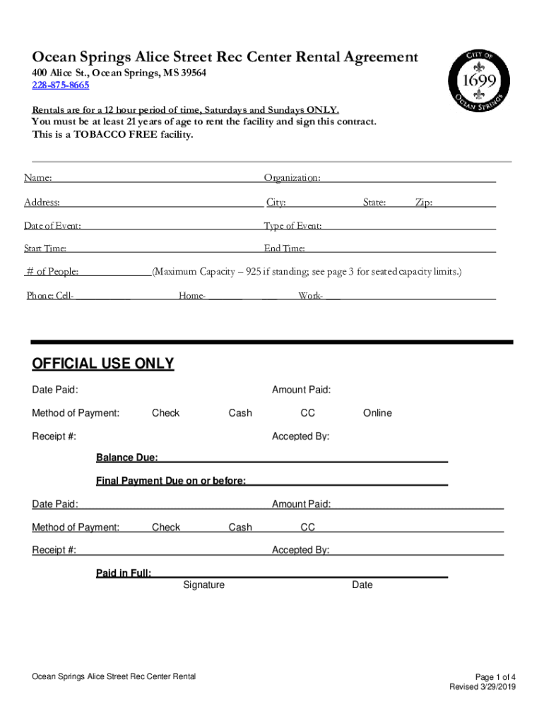 Fillable Online oceansprings-ms.govwp-contentuploadsOcean Springs Alice Street Rec Center Rental ...