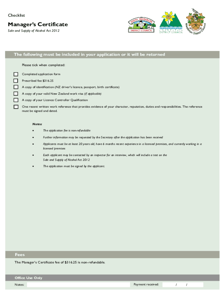 Fillable Online Managers Certificate Checklist Sale and Supply of Alcohol ... Fax Email Print ...
