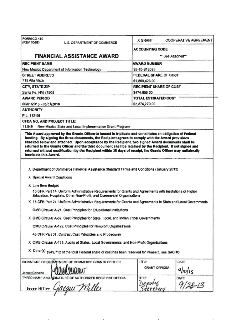 Fillable Online FORM CD-450 GRANT COOPERATIVE AGREEMENT U. S ...