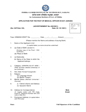 Fillable Online igitsarang ac APPLICATION FORM FOR THE POST OF PRINCIPAL - IGIT Sarang Fax Email ...