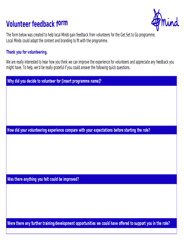 Volunteer feedback - mind.org.uk Doc Template | pdfFiller