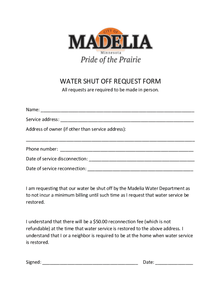 Fillable Online WATER SHUT OFF REQUEST FORM - madeliamn.com Fax Email ...