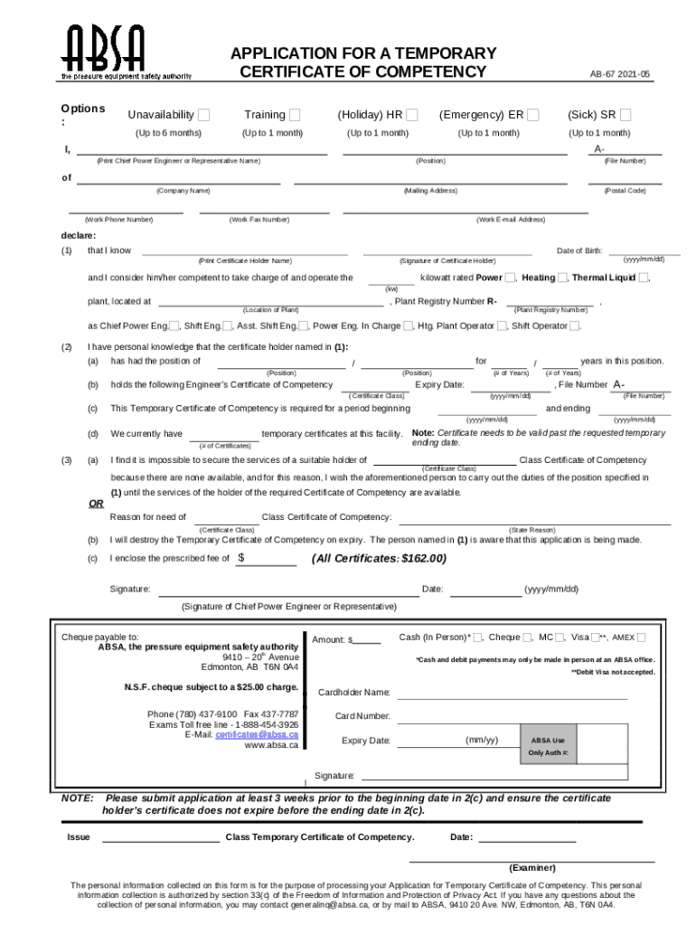 AB-067 Application for a Temporary Certificate of Competency (D0040794 ...