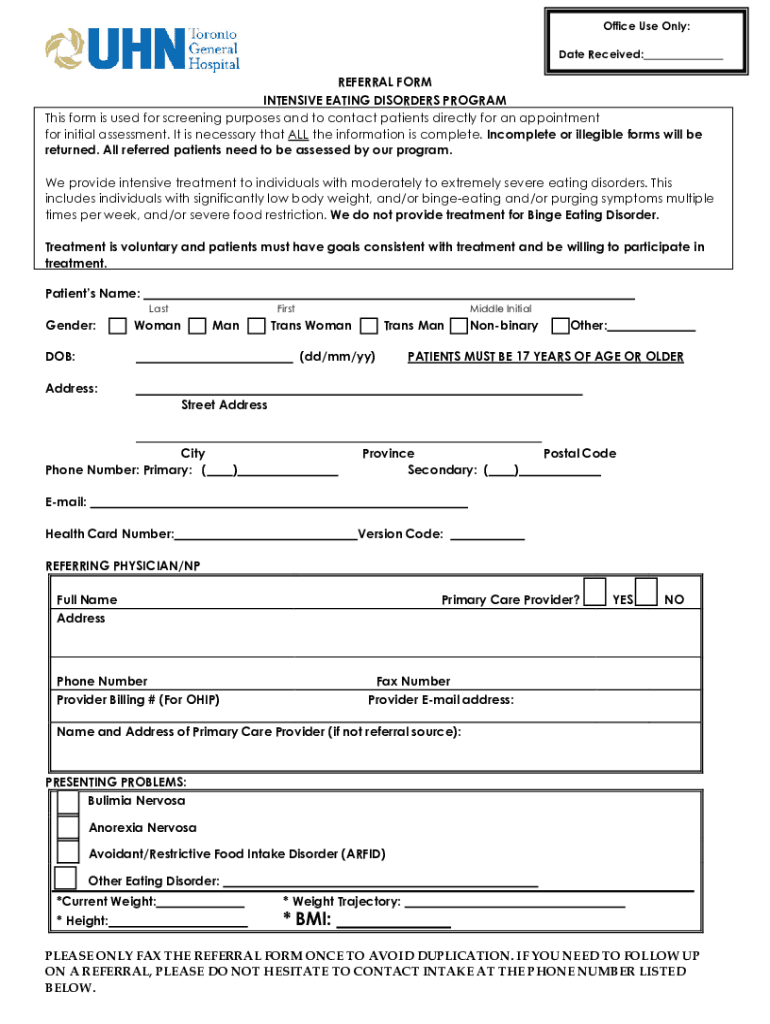 Fillable Online www.uhn.caUHNReferralsEatingDisorderProgramEating ...