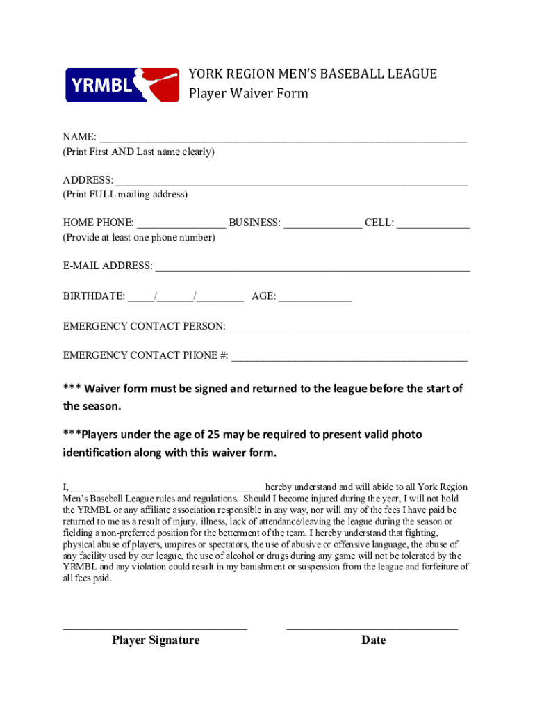 Fillable Online YORK REGION MENS BASEBALL LEAGUE Player Waiver Form Fax ...