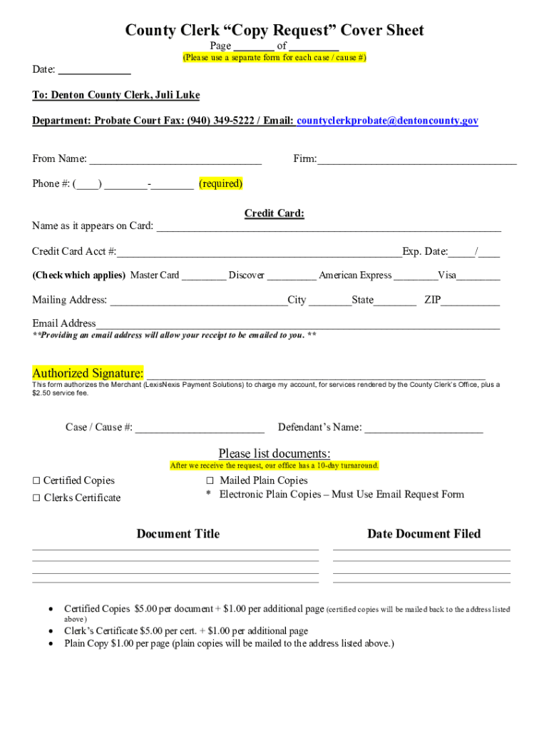 Fillable Online Fillable County Clerk Copy Request Cover Sheet (Denton ... Fax Email Print ...