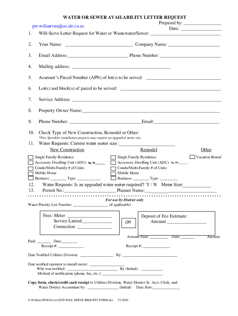 Fillable Online www.woodinvillewater.com291Water and Sewer Availability ...