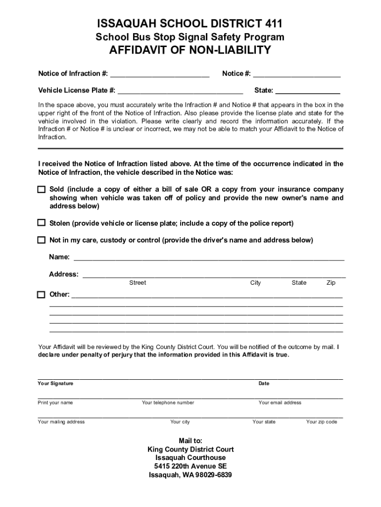 Fillable Online ISSAQUAH SCHOOL DISTRICT 411 AFFIDAVIT OF NON-LIABILITY ...