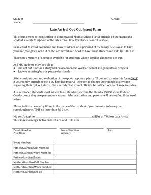 Fillable Online Fillable Online Late Arrival Opt Out Intent Form Fax ...