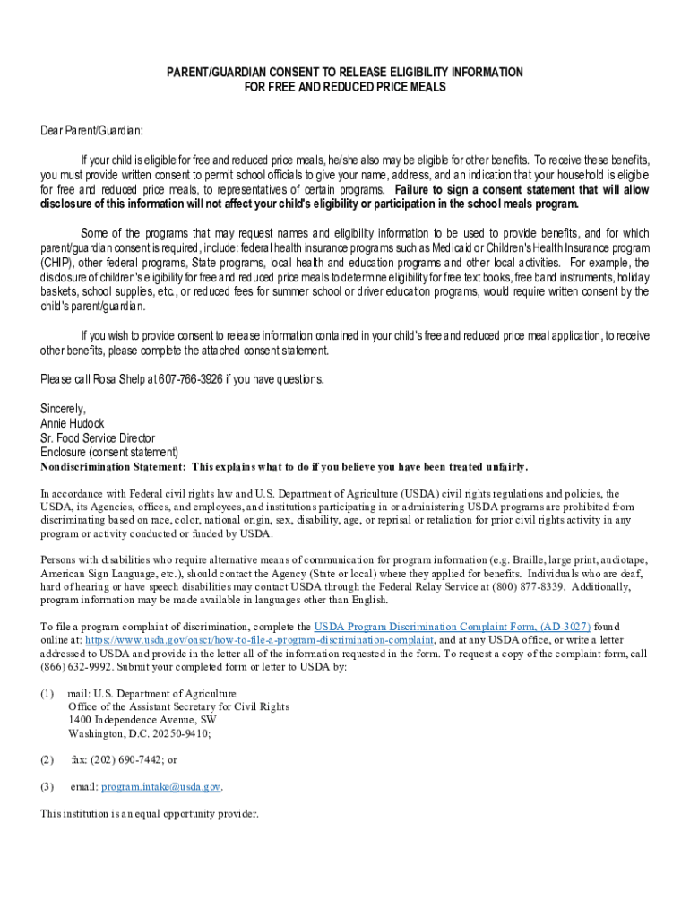 Fillable Online Parent Letter about the free and reduced lunch program ...