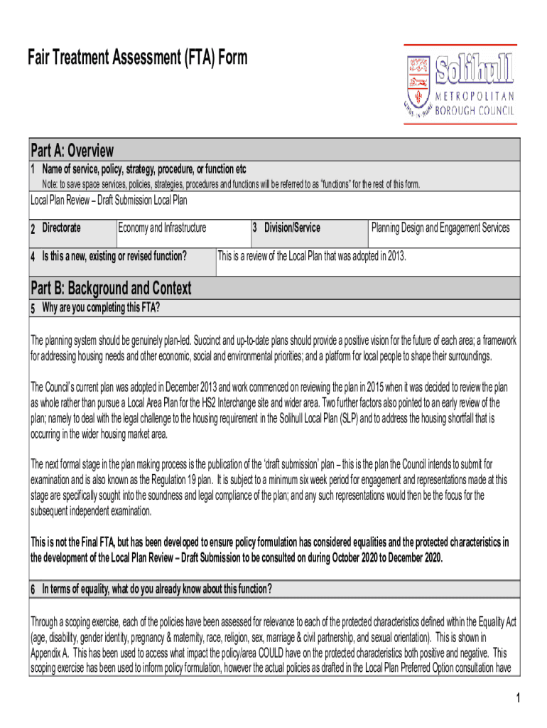 Fillable Online Fair Treatment Assessment (FTA) Form. Fair Treatment ...