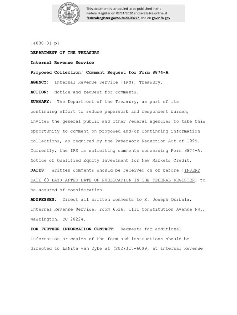 Fillable Online IRS Proposed Collection; Comment Request for Form 8874-A. Proposed Collection ...