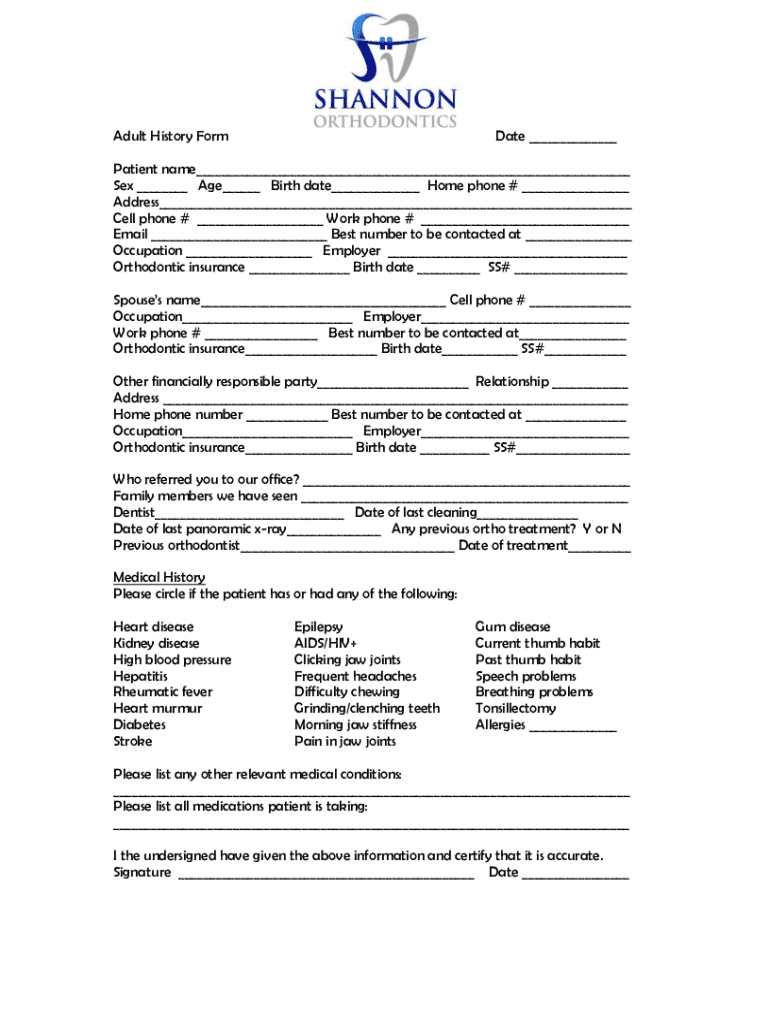 Fillable Online Shannon Orthodontics - Adult Form Fax Email Print ...