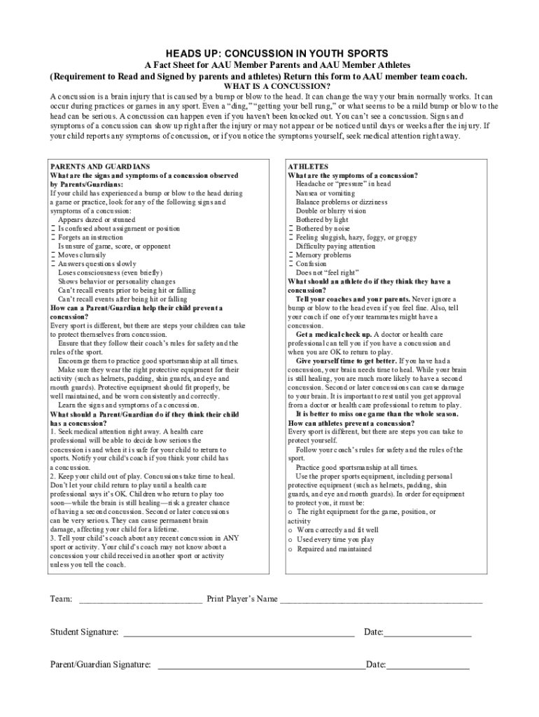 Fillable Online HEADS UP: CONCUSSION IN YOUTH SPORTS A Fact Sheet for ...