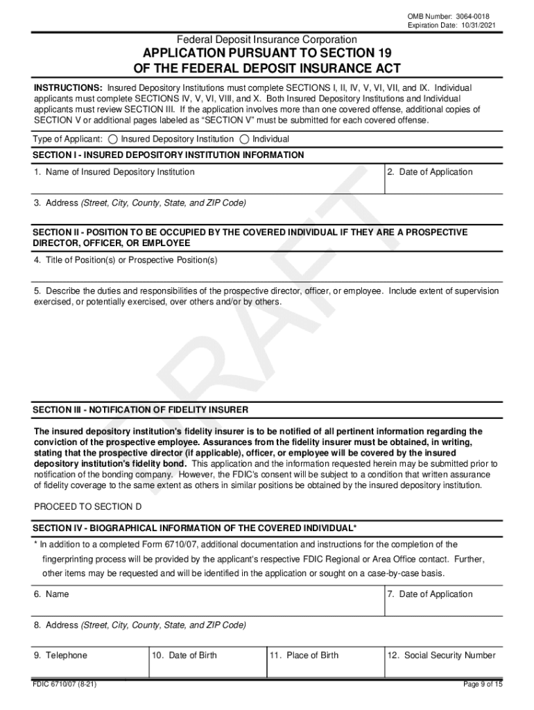 Fillable Online Form 6710 07 FDIC Application Pursuant to Section 19 of ...