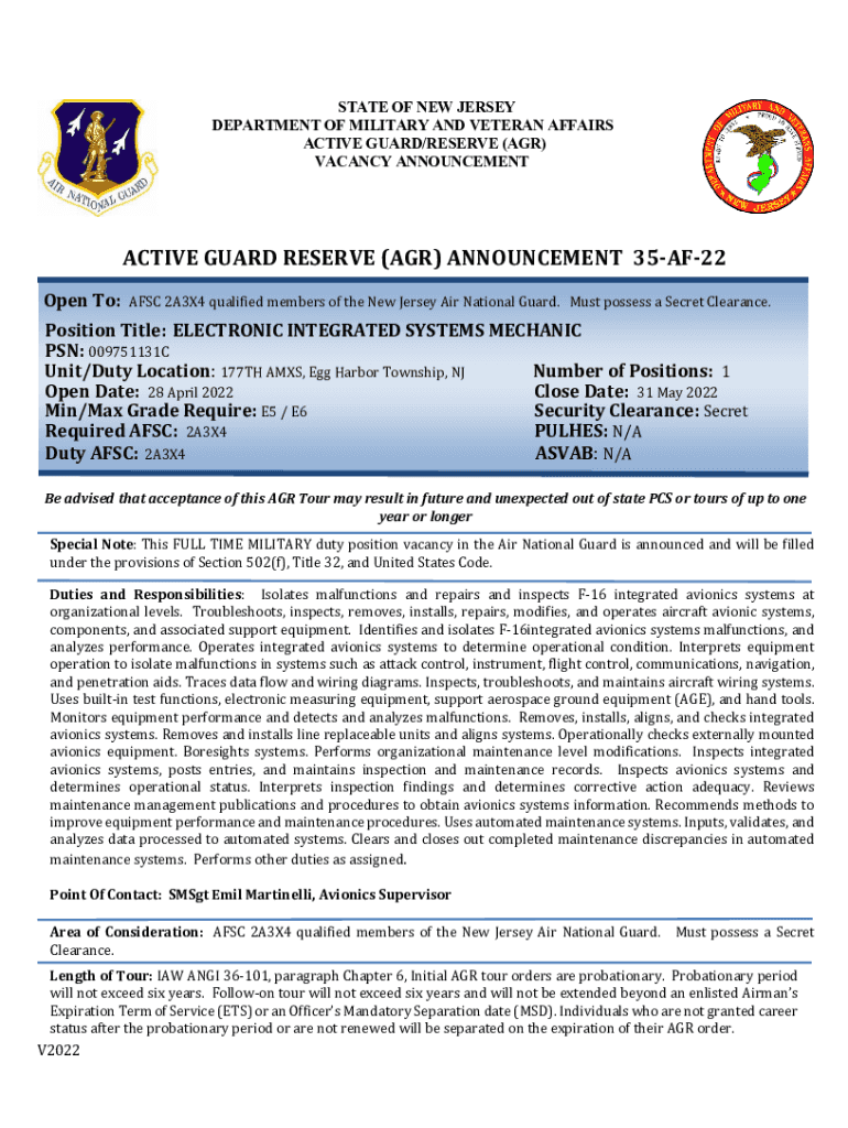 Fillable Online PDF ACTIVE GUARD RESERVE (AGR) ANNOUNCEMENT 35-AF-22 ...