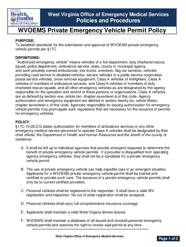 Fillable Online WVOEMS Private Emergency Vehicle Permit Policy Fax ...