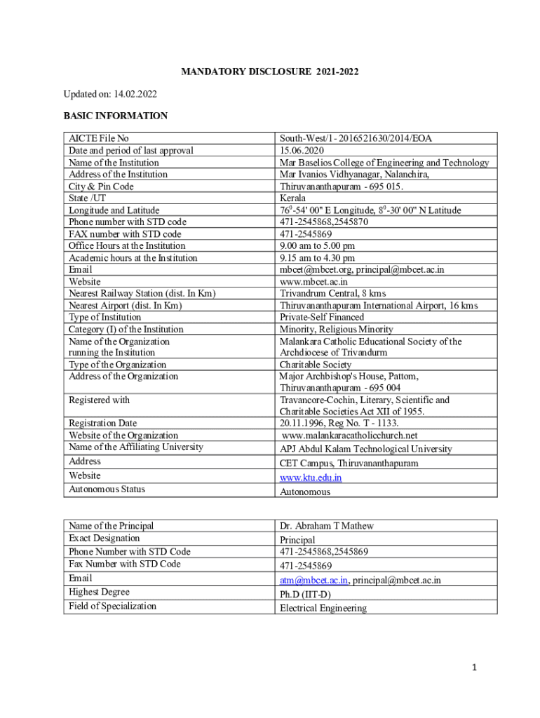 Fillable Online mbcet ac MANDATORY DISCLOSURE UPDATED ON 14.02.2022 1 ...