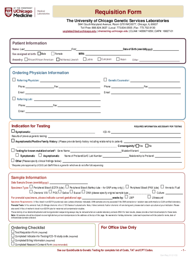 Fillable Online dnatesting uchicago Requisition Form - University of ...