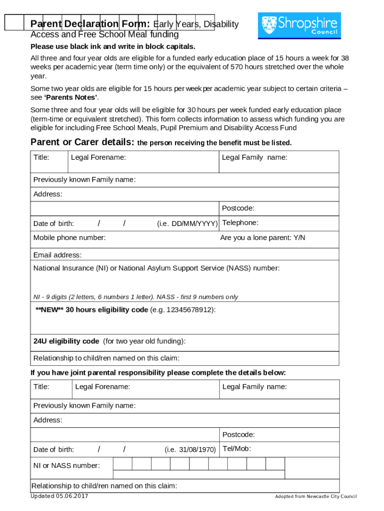 Annex A Parent Declaration FINAL 26042017 Doc Template | pdfFiller