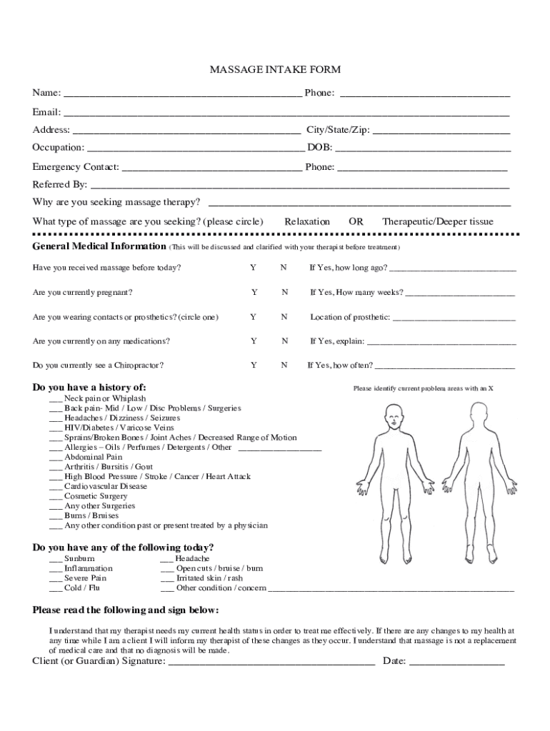 Fillable Online Massage Intake Form Massage Information Fax Email Print ...