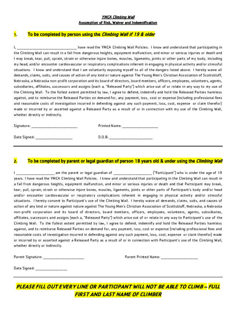 Fillable Online ASSUMPTION OF RISK, WAIVER, RELEASE AND INDEMNITY ...