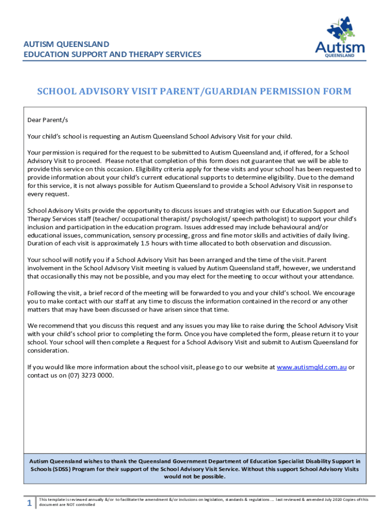Fillable Online SCHOOL ADVISORY VISIT PARENT/GUARDIAN PERMISSION FORM ...