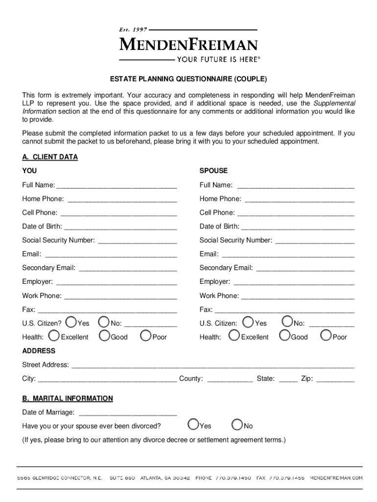 Fillable Online Estate Special Needs Planning Questionnaire Couples Fax Email Print - pdfFiller