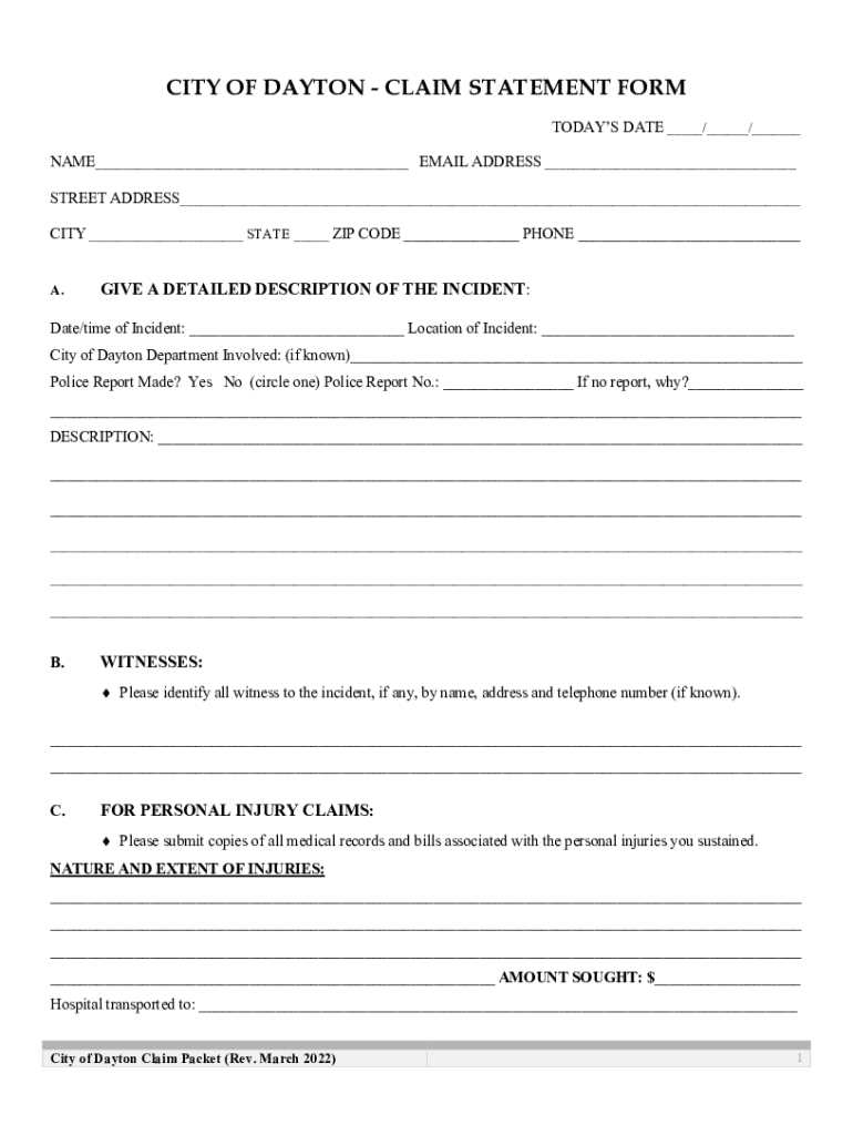 Fillable Online CITY OF DAYTON - CLAIM STATEMENT FORM Fax Email Print ...