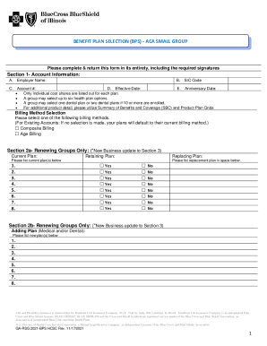 Fillable Online BCBSIL Small Group Benefit Plan Selection (BPS) Form ...