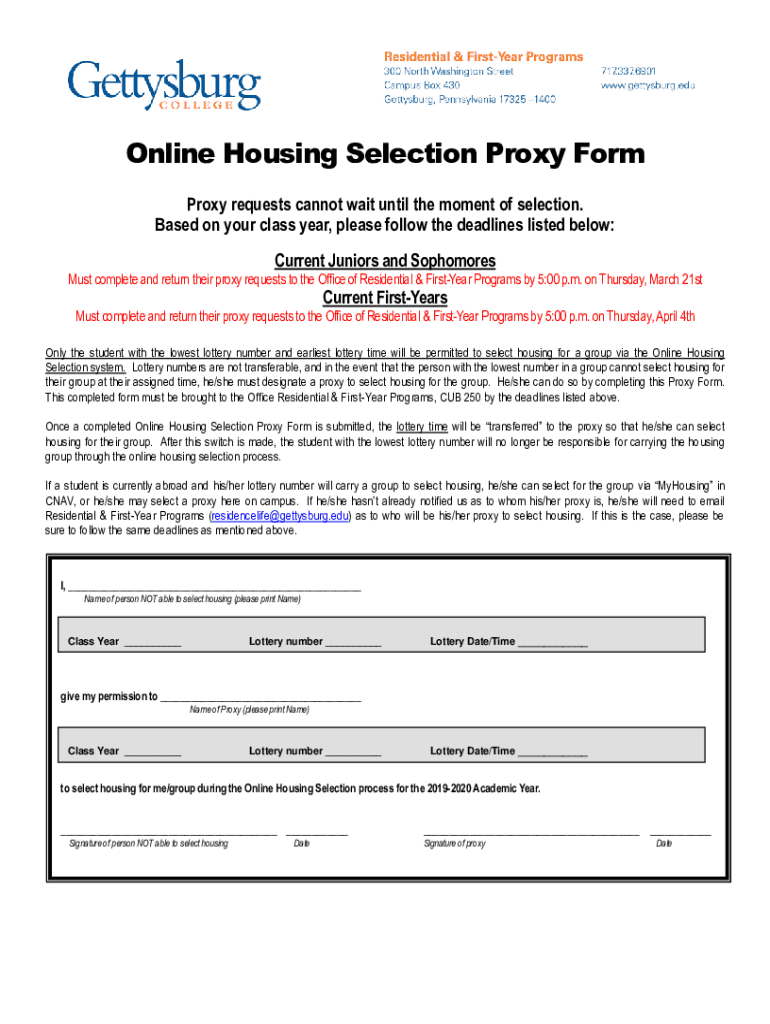 Fillable Online Online Housing Selection Proxy Form. Online Housing ...