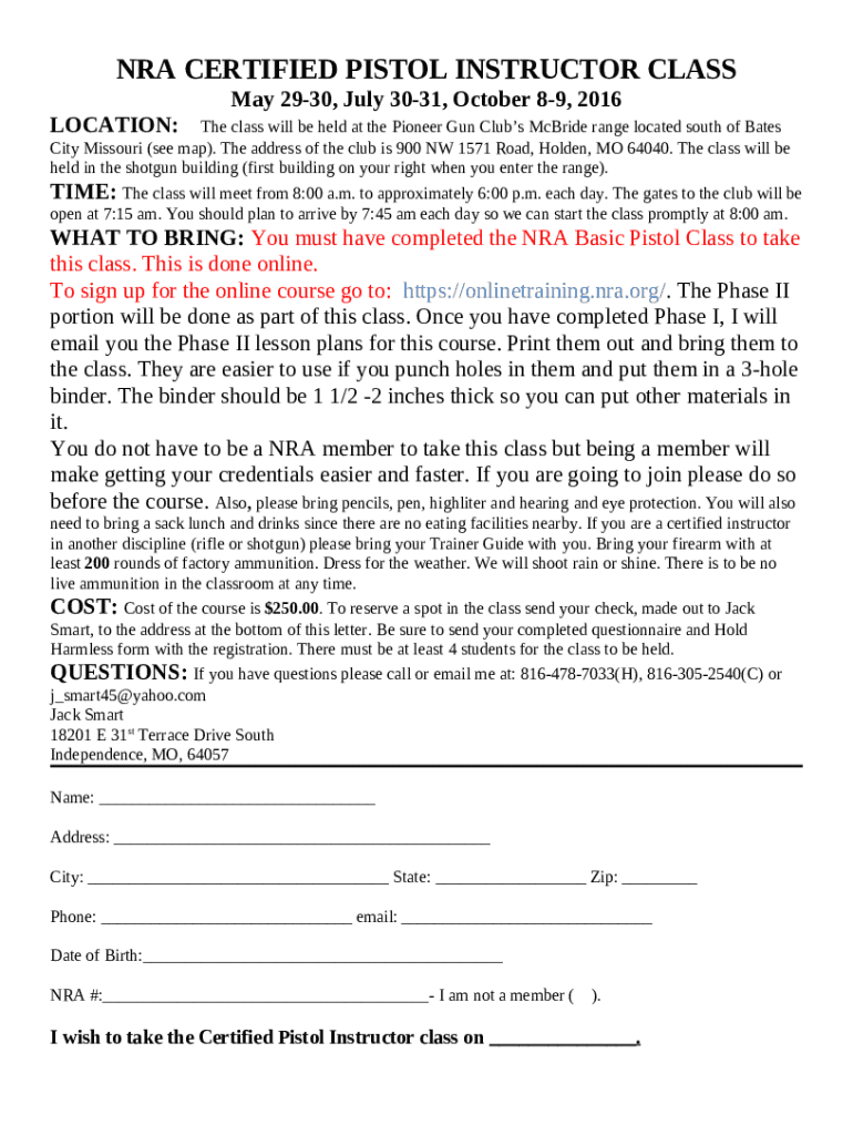 NRA CERTIFIED RIFLE INSTRUCTOR CLASS Doc Template | pdfFiller