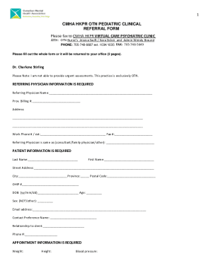 Fillable Online CMHA HKPR OTN PEDIATRIC CLINICAL REFERRAL FORM Fax ...