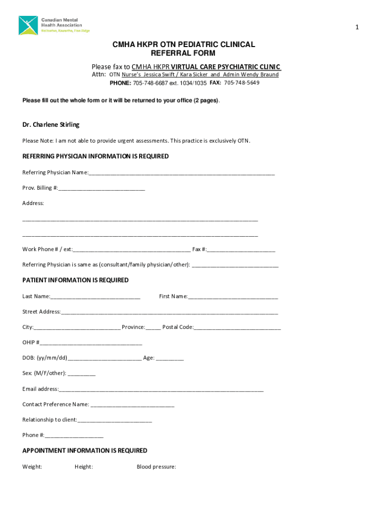 Fillable Online CMHA HKPR OTN PEDIATRIC CLINICAL REFERRAL FORM Fax ...