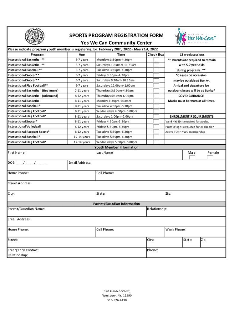 Fillable Online SPORTS PROGRAM REGISTRATION FORM Yes We Can Community Center Fax Email Print ...
