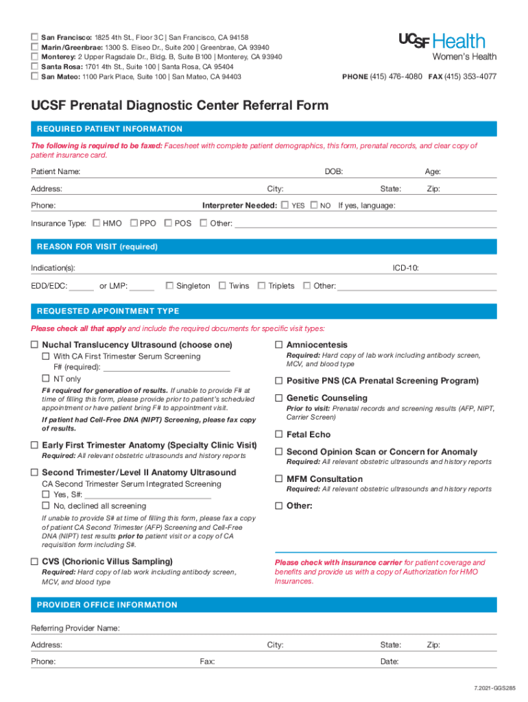 Fillable Online UCSF Prenatal Diagnostic Center Referral Form Fax Email ...