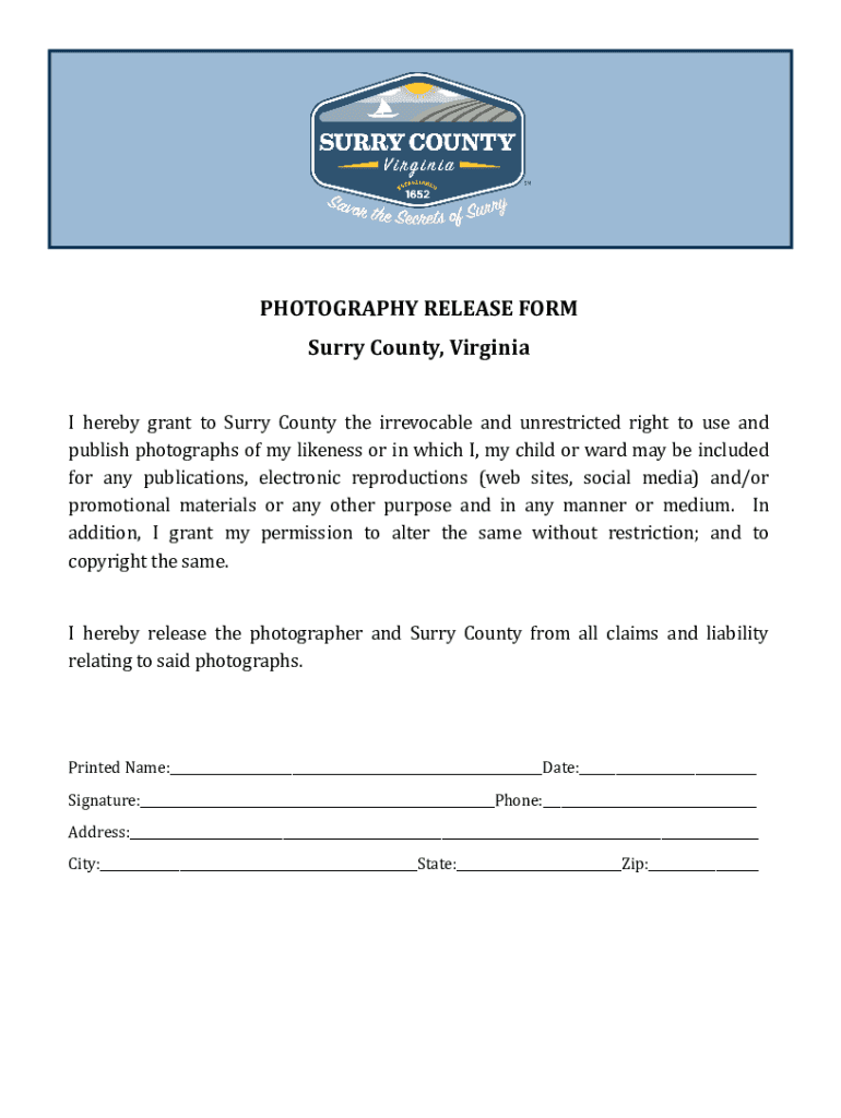 Fillable Online PHOTOGRAPHY RELEASE FORM Surry County, Virginia Fax Email Print - pdfFiller