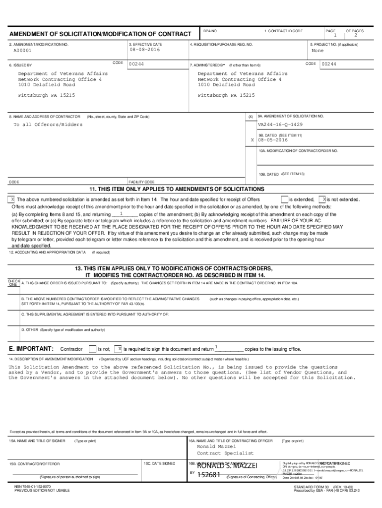 Fillable Online BPA AMENDMENT OF SOLICITATION/MODIFICATION OF CONTRACT Fax Email Print - pdfFiller