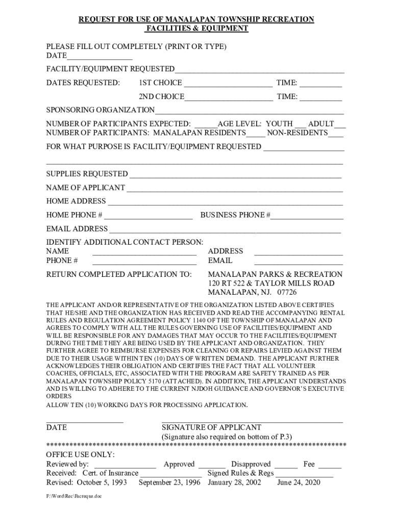 Fillable Online www.pdffiller.com428562830--REQUEST-FOR-USE-OFREQUEST FOR USE OF MANALAPAN ...