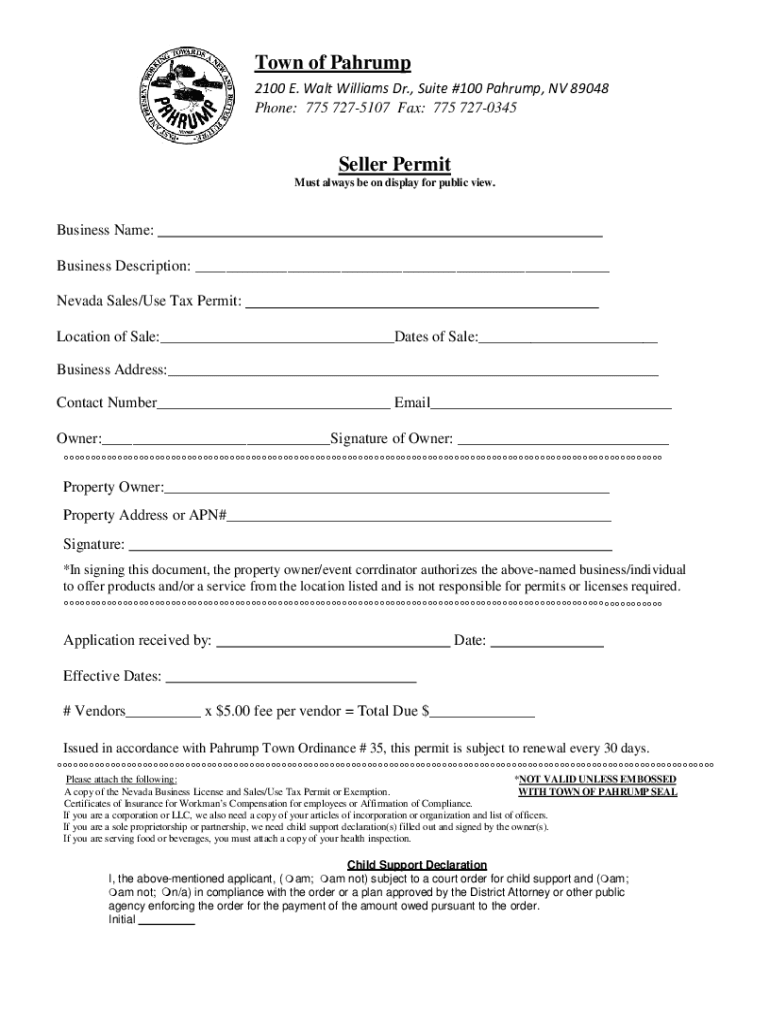 Fillable Online www.pahrumpnv.gov 644 Seller-Permit-Form-PDFTown of ...