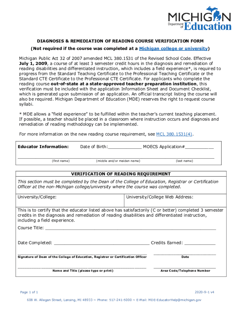 Fillable Online DIAGNOSIS & REMEDIATION OF READING COURSE VERIFICATION ...
